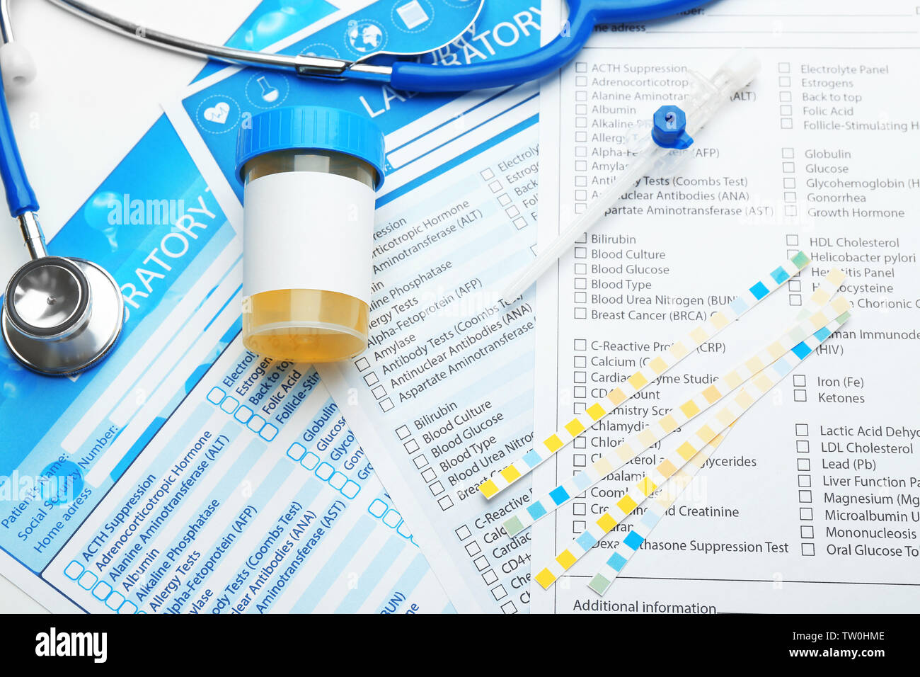 Items for laboratory analysis on test forms Stock Photo - Alamy