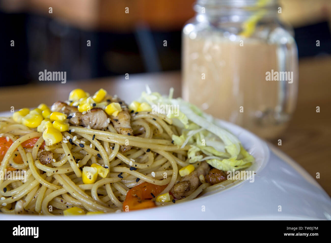 Spaghetti milk tea lunch Stock Photo - Alamy