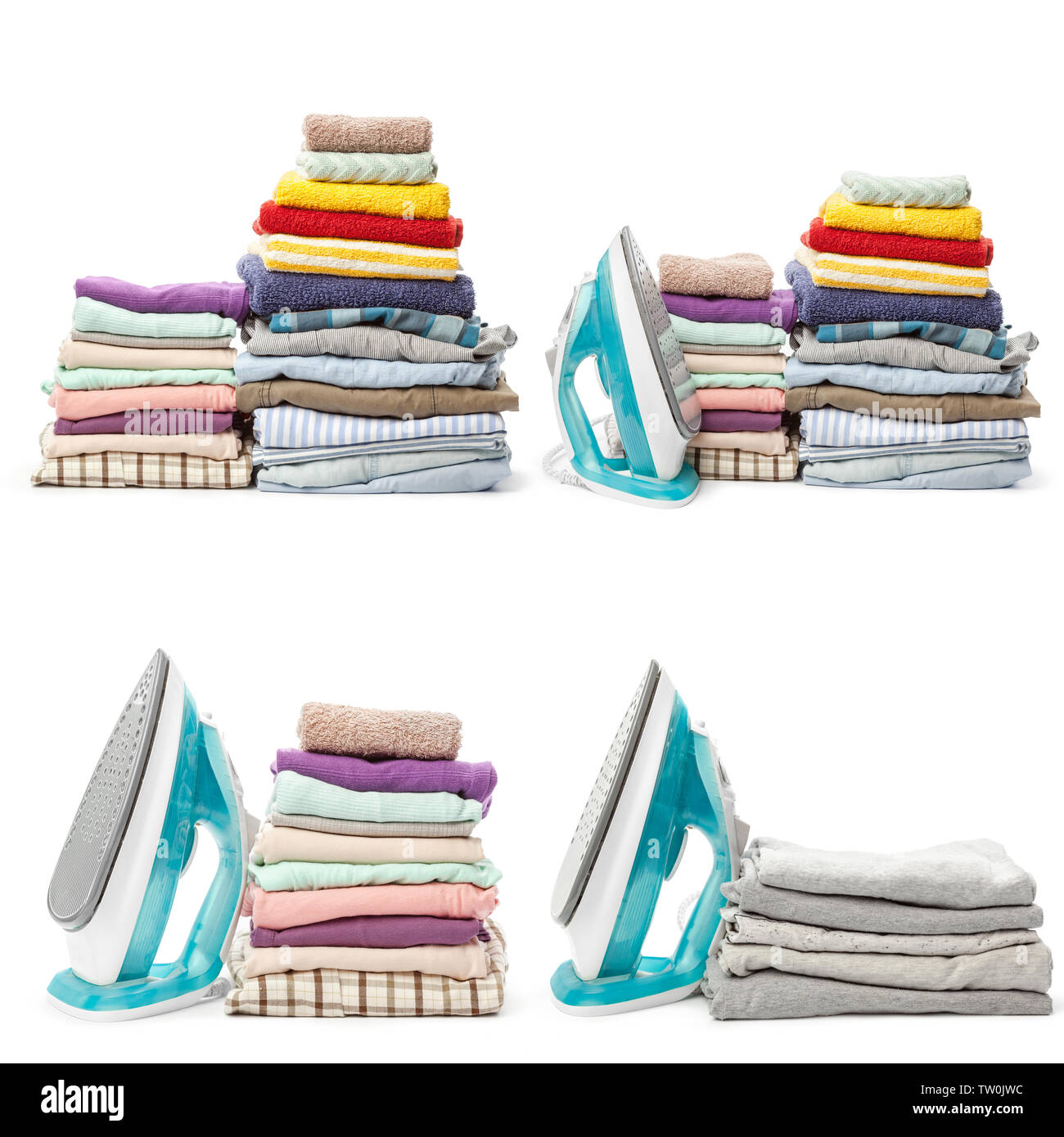 stacks of clothing collection isolated on white Stock Photo - Alamy