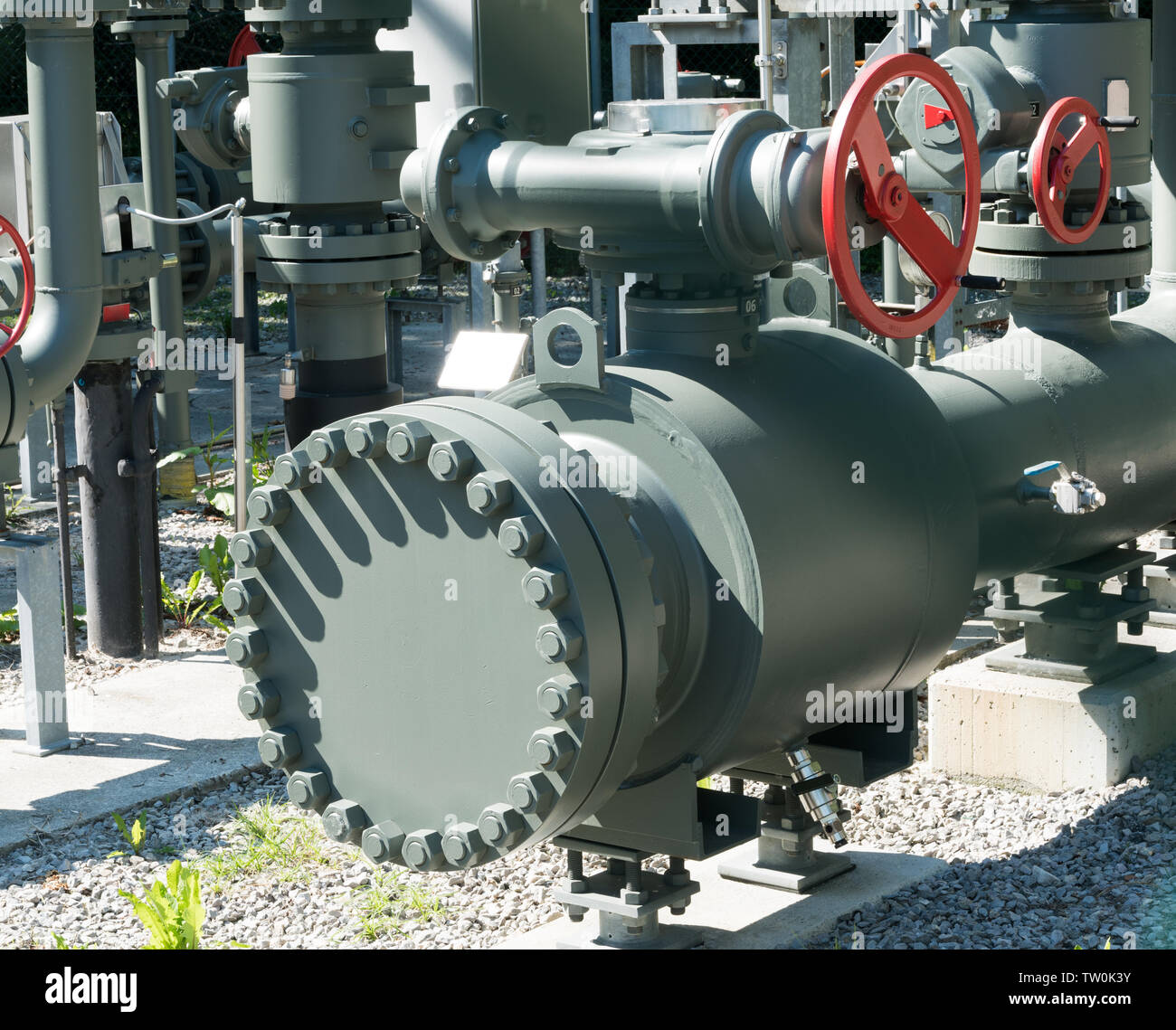close up view of the pipe system in a water and sewage treatment plant ...