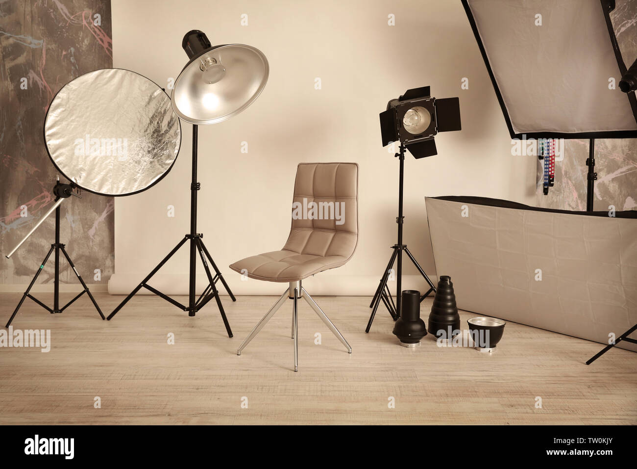 Modern photo studio with lighting equipment Stock Photo - Alamy