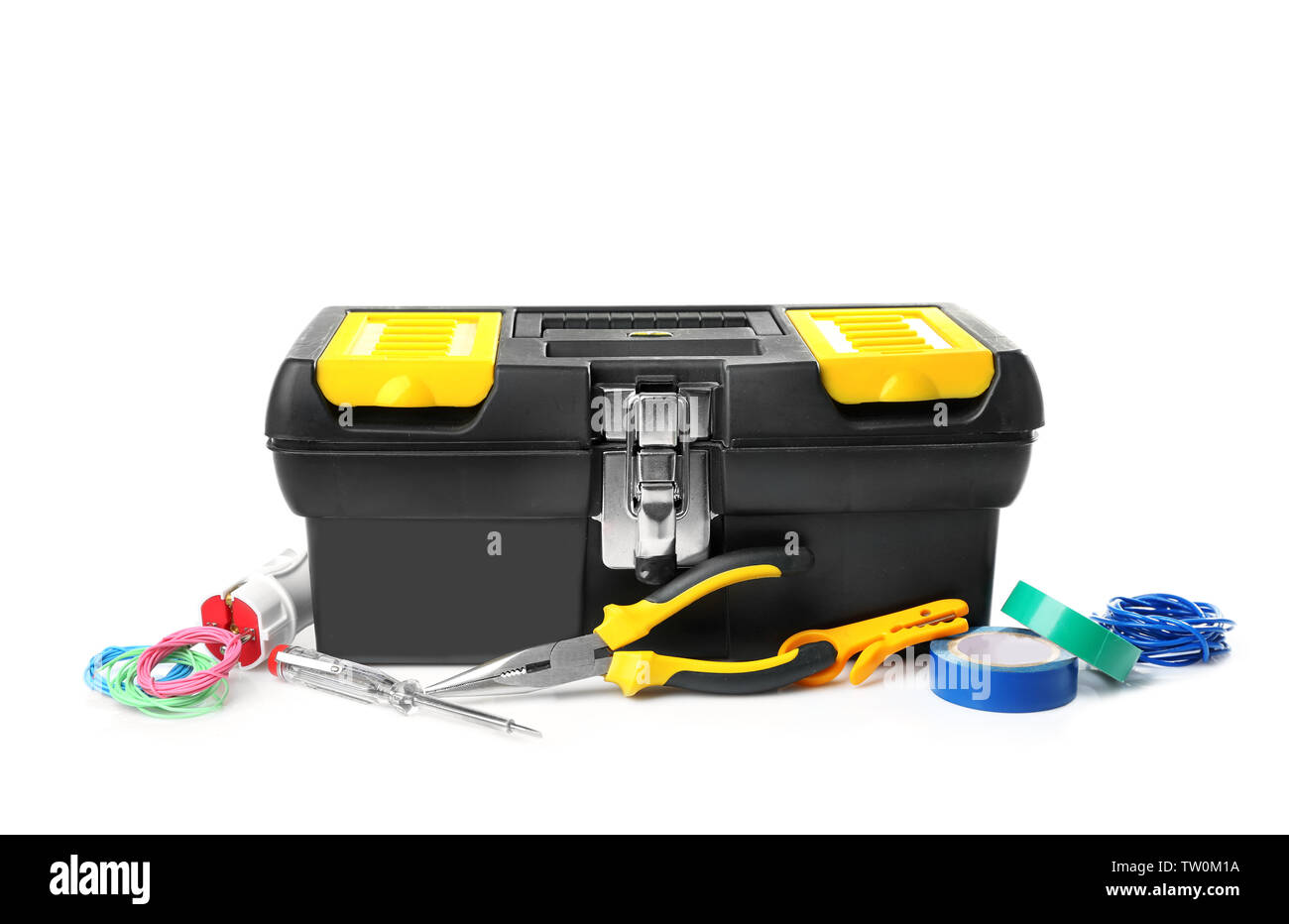 Box with tools on white background Stock Photo - Alamy
