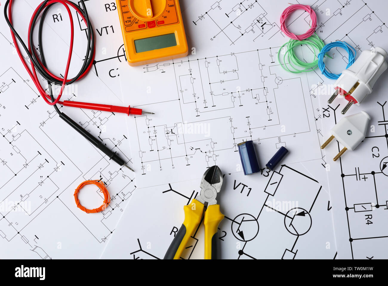 Different electrical tools on paper circuit drawing background Stock ...