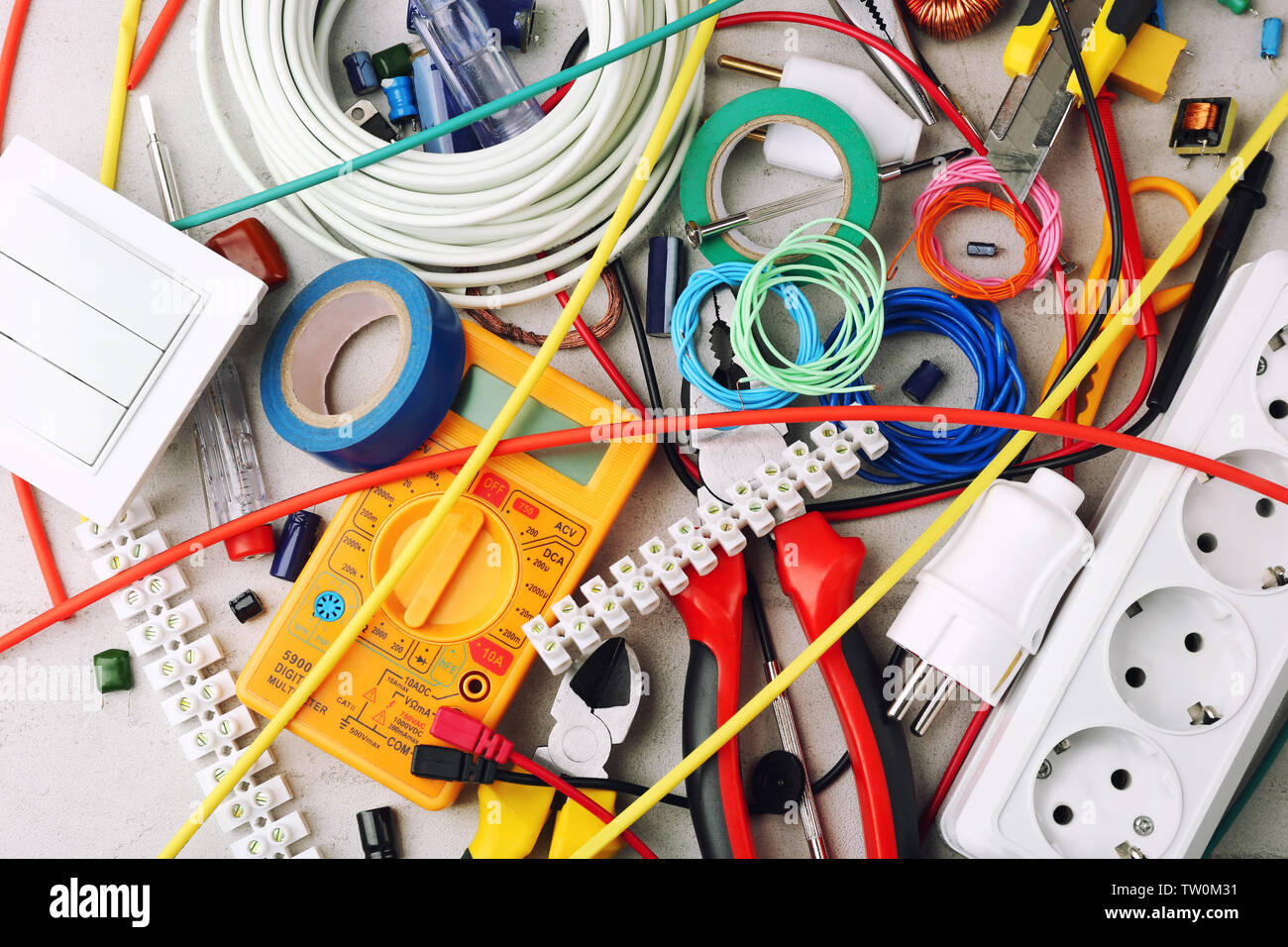 Different electrical tools on table, closeup Stock Photo - Alamy