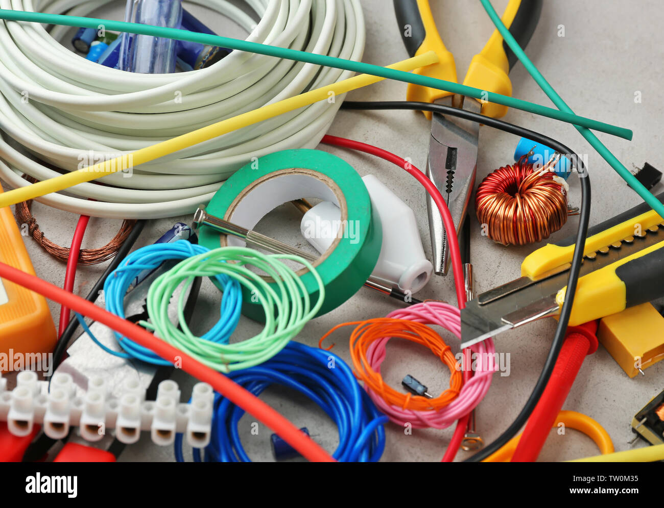 Different electrical tools on table, closeup Stock Photo - Alamy