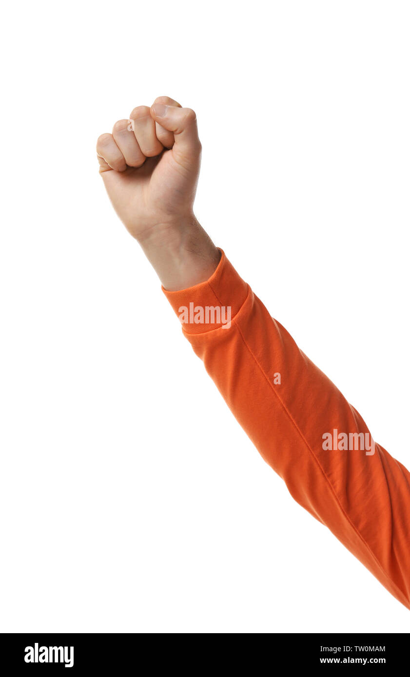 Raised male hand with clenched fist on white background Stock Photo - Alamy