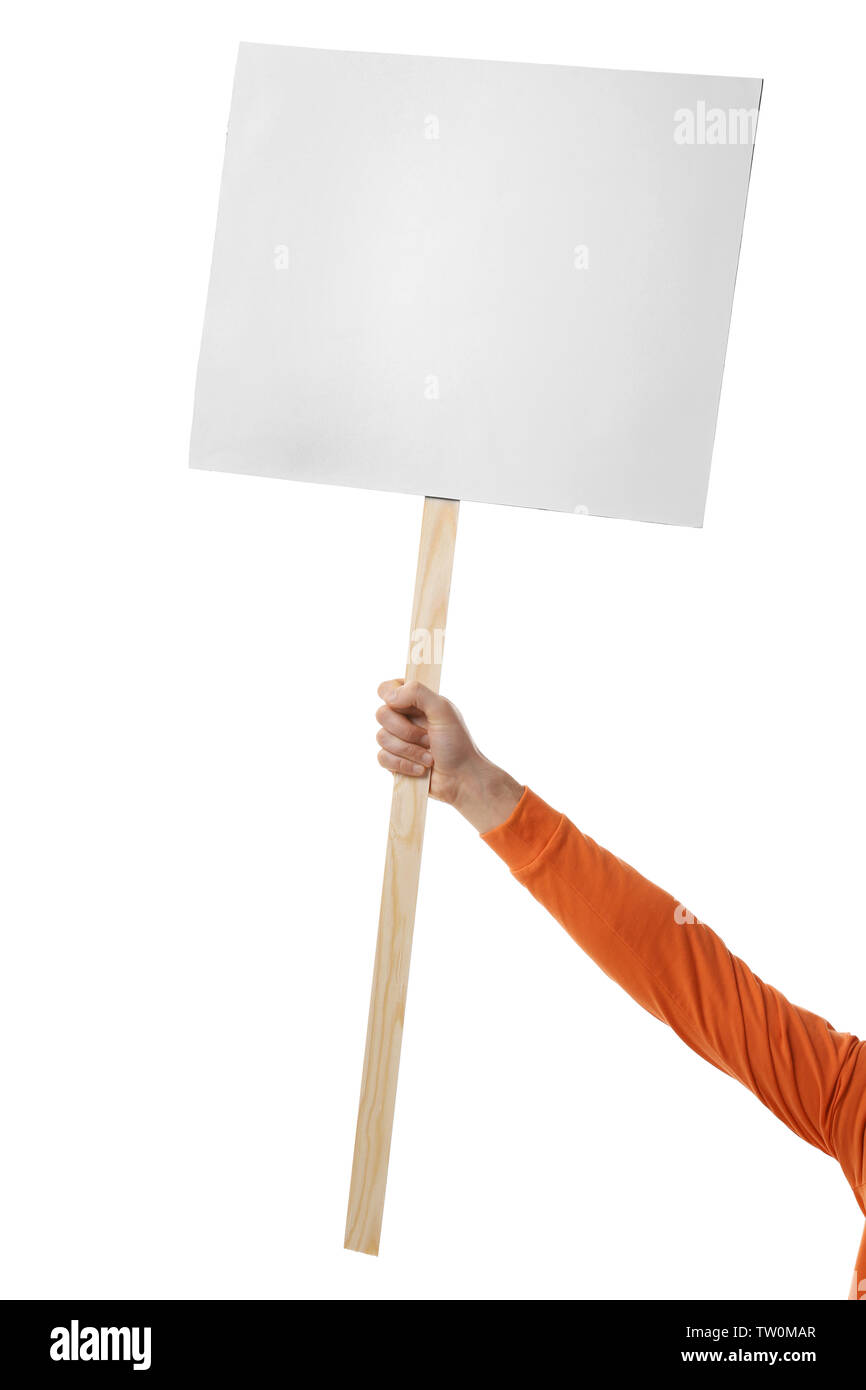 Male hand holding blank banner on wooden stick against white background ...