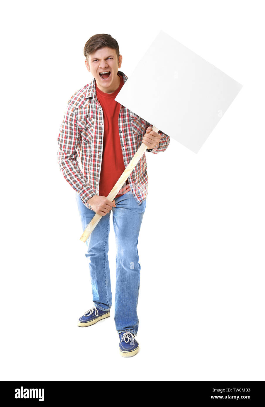 Protesting young man holding placard with space for text on light ...