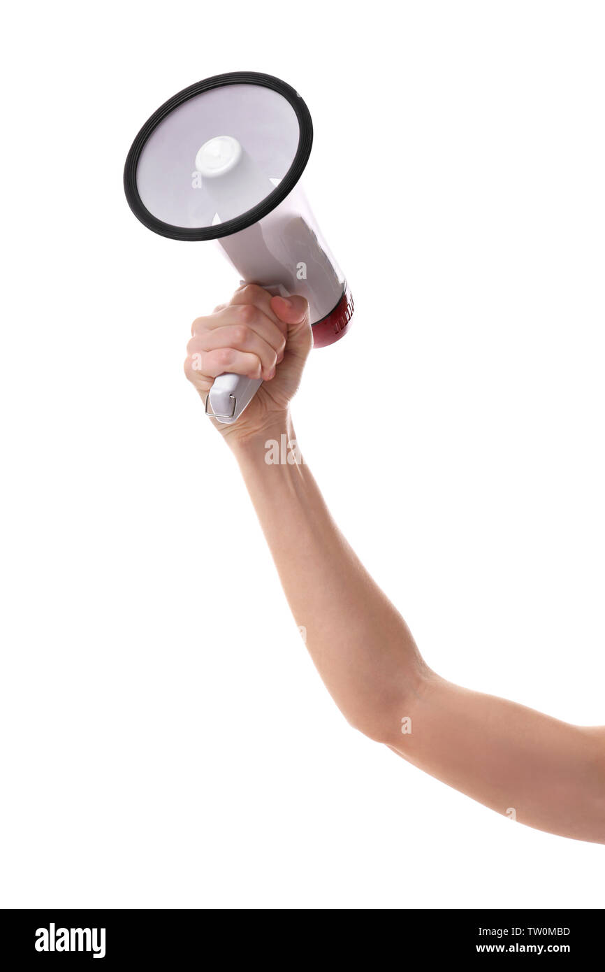 Male hand holding megaphone on white background Stock Photo - Alamy