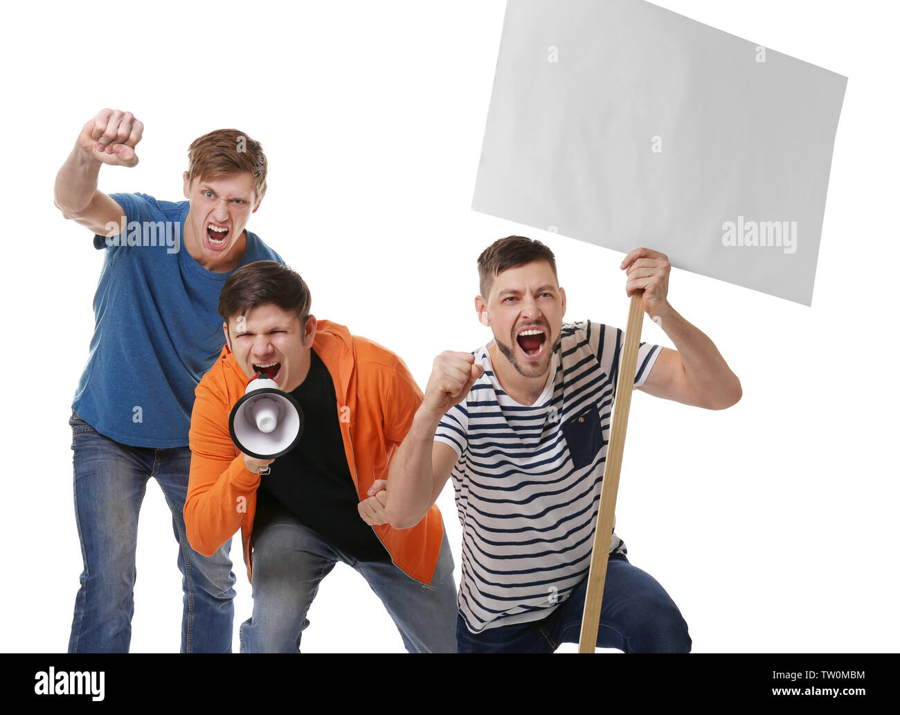 Group of protesting young people on white background Stock Photo - Alamy