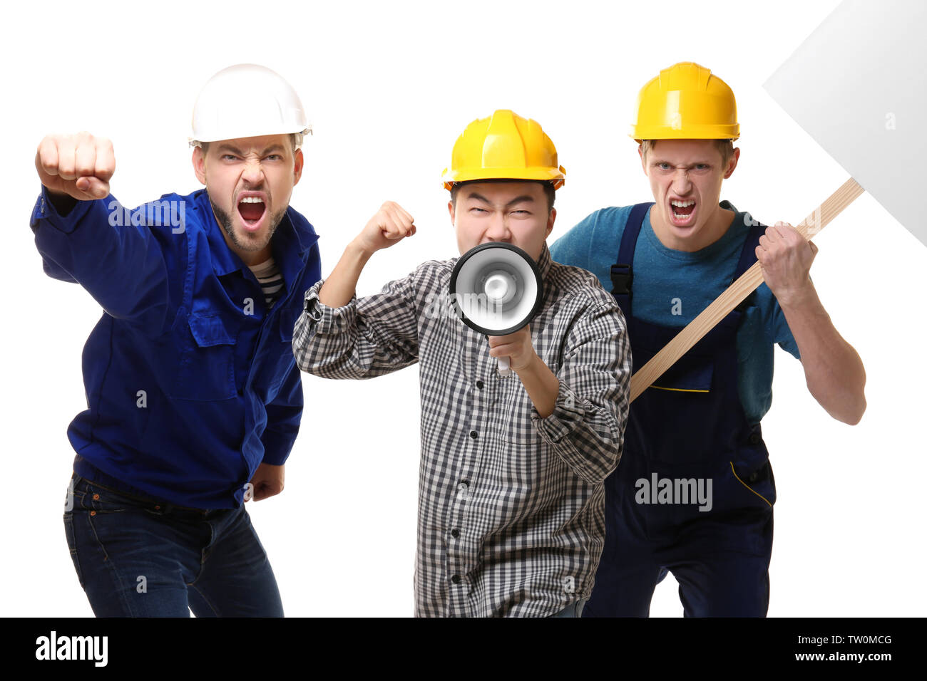 Group of protesting young men on white background Stock Photo - Alamy