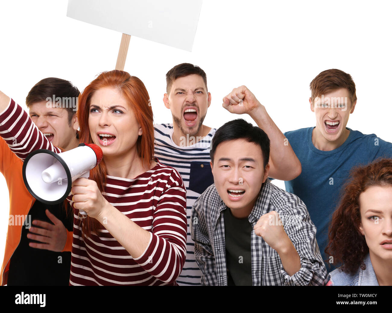 Group of protesting young people on white background Stock Photo - Alamy