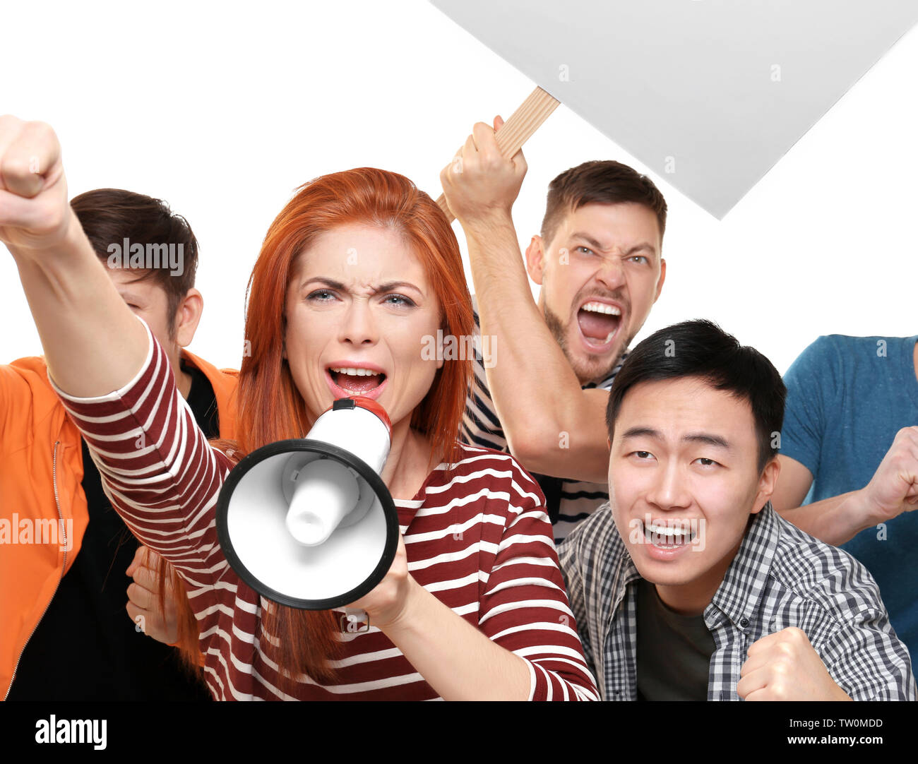 Group of protesting young people on white background Stock Photo - Alamy