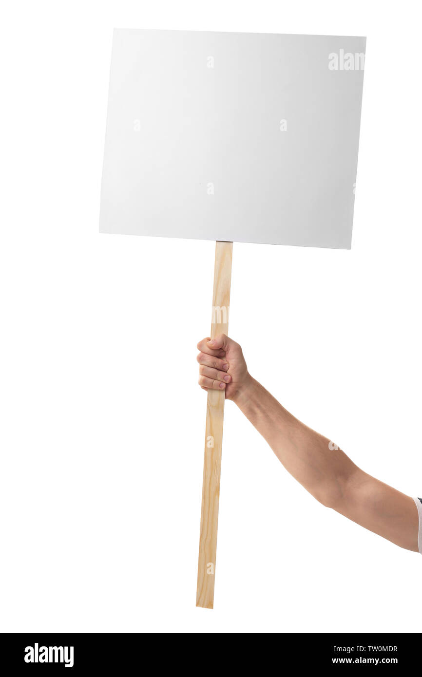 Male hand holding blank banner on wooden stick against white background ...