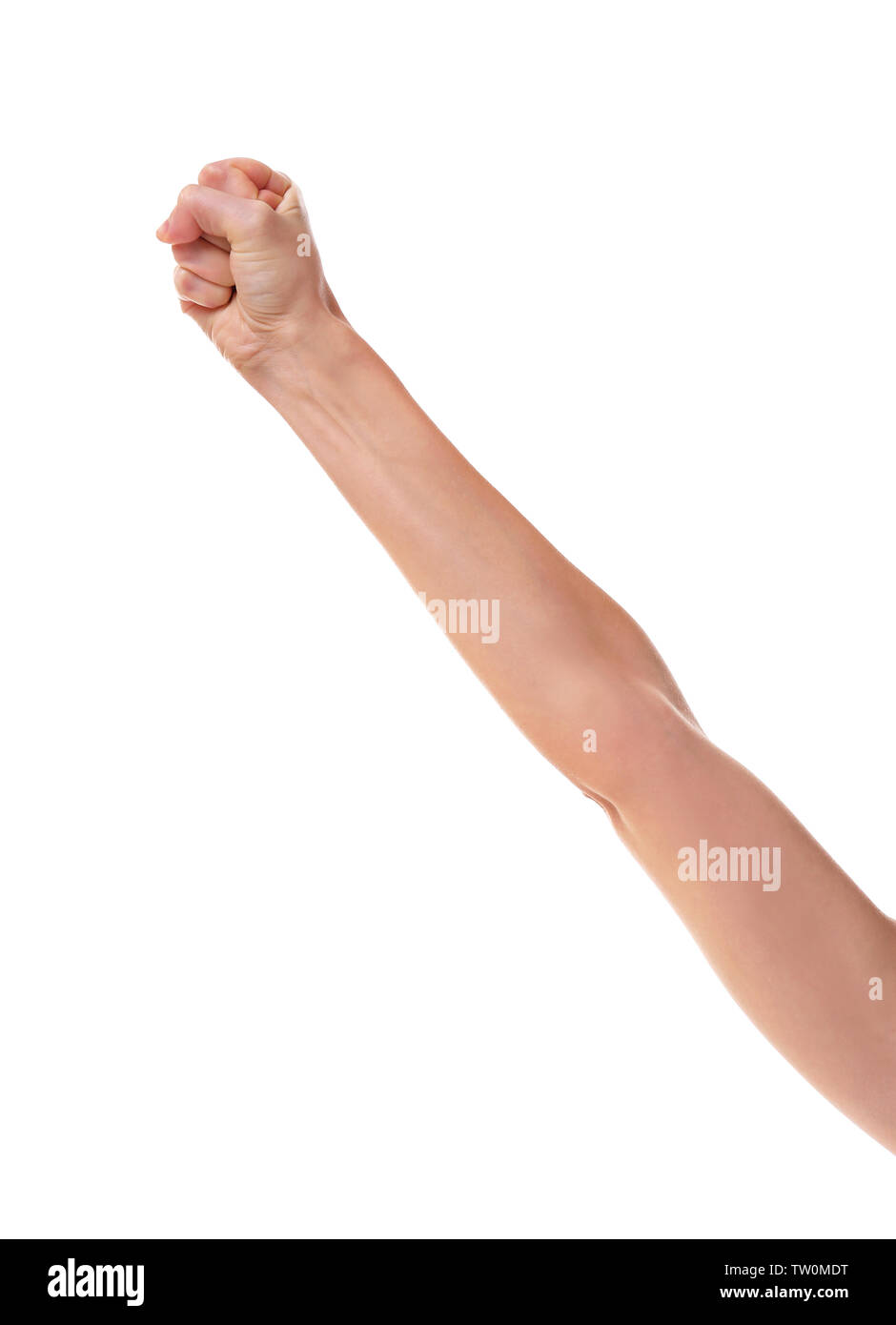 Raised male hand with clenched fist on white background Stock Photo - Alamy