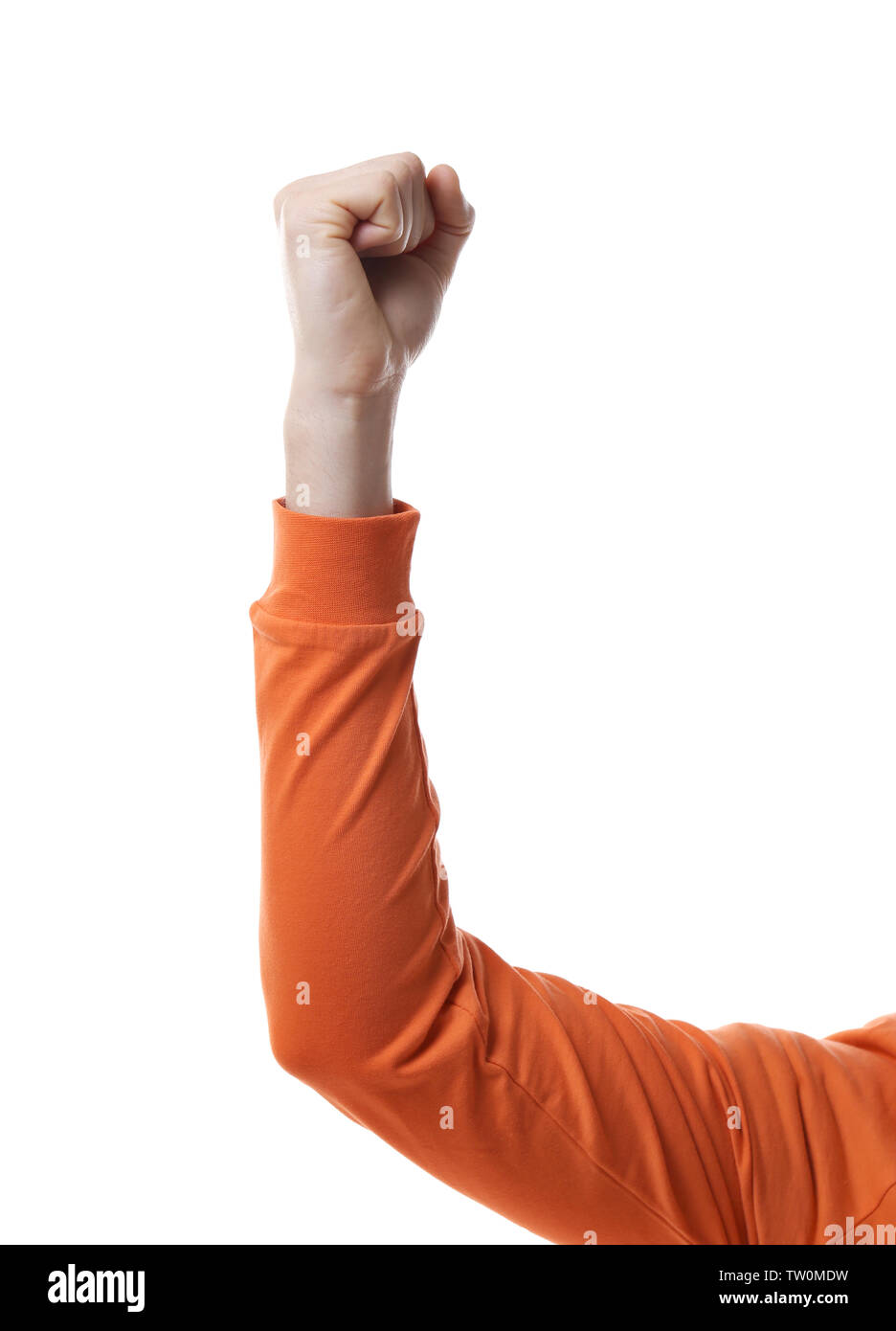 Raised male hand with clenched fist on white background Stock Photo - Alamy