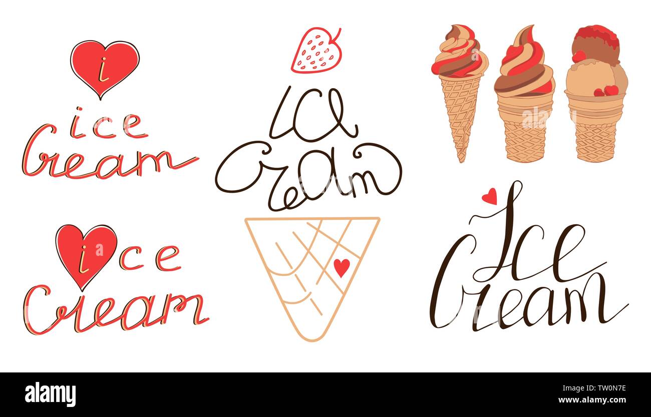 Set of handwritten lettering Ice Cream in waffle cone. Vector elements ...