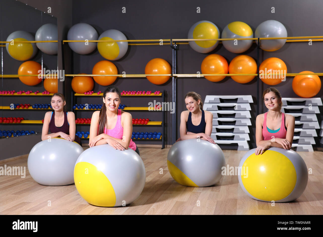 Young sporty women training with fitness balls in gym Stock Photo - Alamy