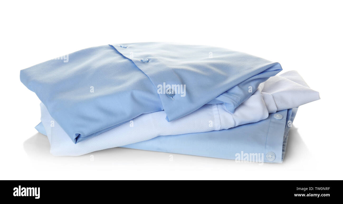 Clean clothes from dry-cleaning on white background Stock Photo - Alamy