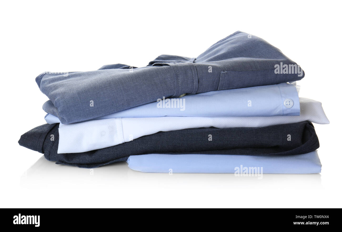 Clean clothes from dry-cleaning on white background Stock Photo - Alamy