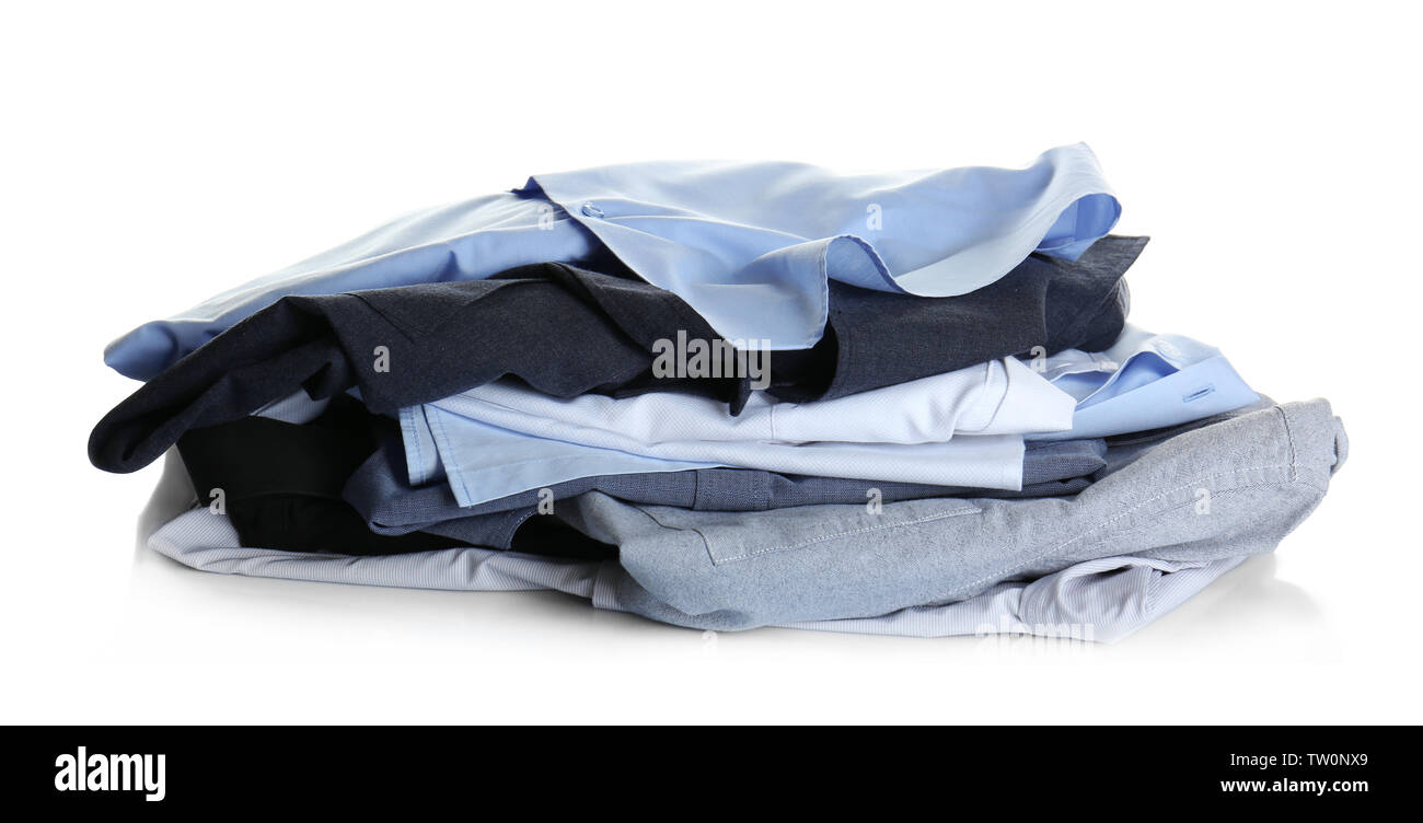 Clean clothes from dry-cleaning on white background Stock Photo - Alamy