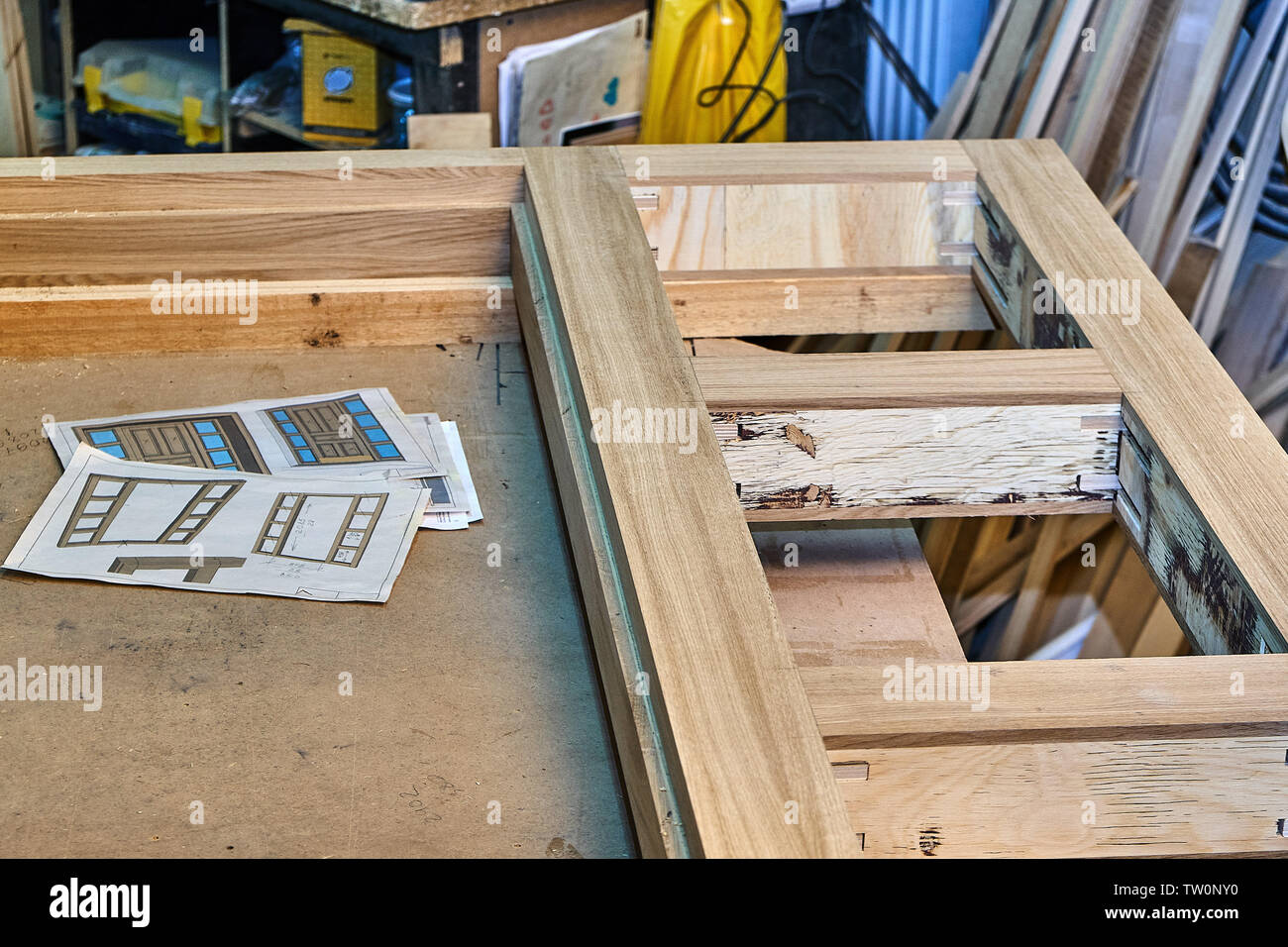 Wood door manufacturing process. Door frame. Woodworking and carpentry ...