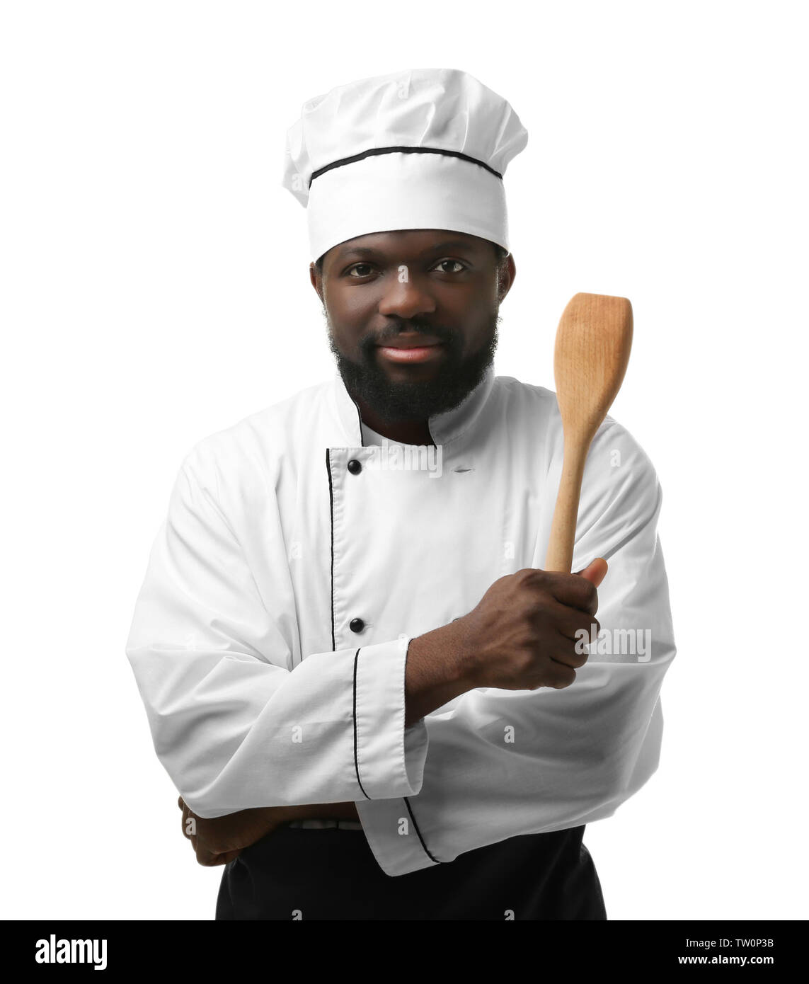 African American chef in uniform on white background Stock Photo - Alamy