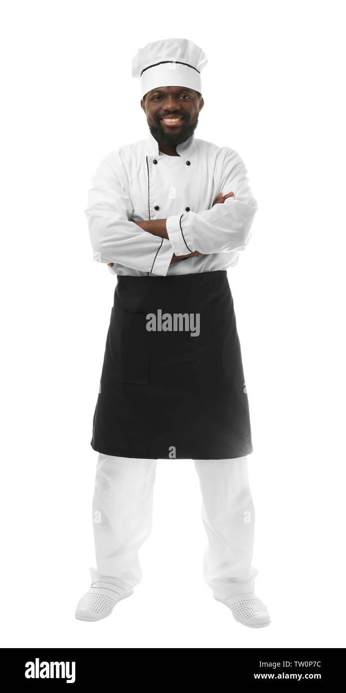 African American chef in uniform on white background Stock Photo - Alamy