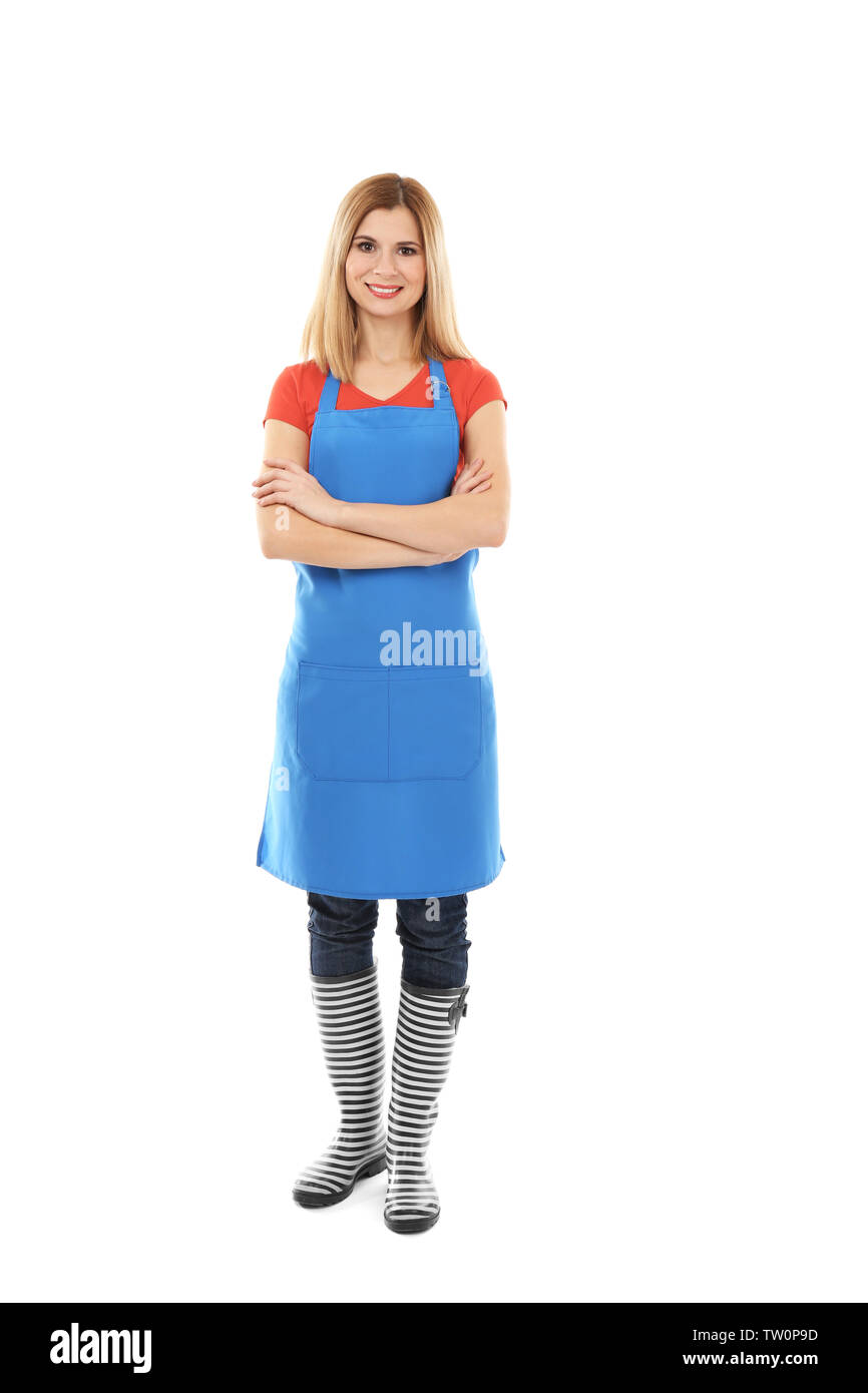Beautiful woman in blue apron isolated on white background Stock Photo ...