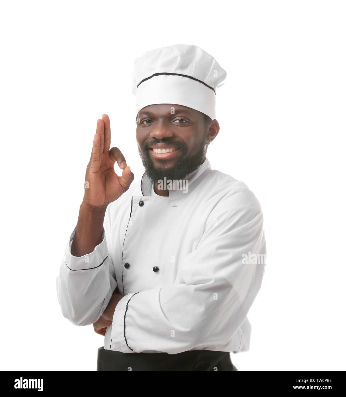 African American chef in uniform on white background Stock Photo - Alamy