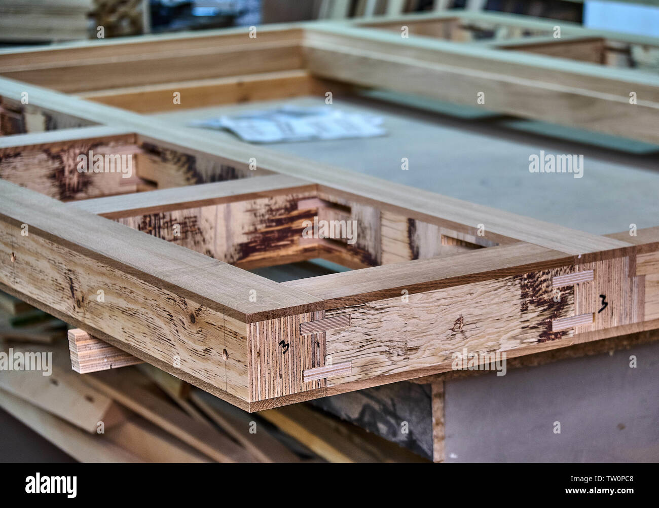 Wood door manufacturing process. Door frame. Woodworking and carpentry ...