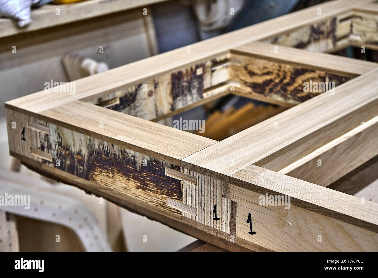 Wood door manufacturing process. Door frame. Woodworking and carpentry ...