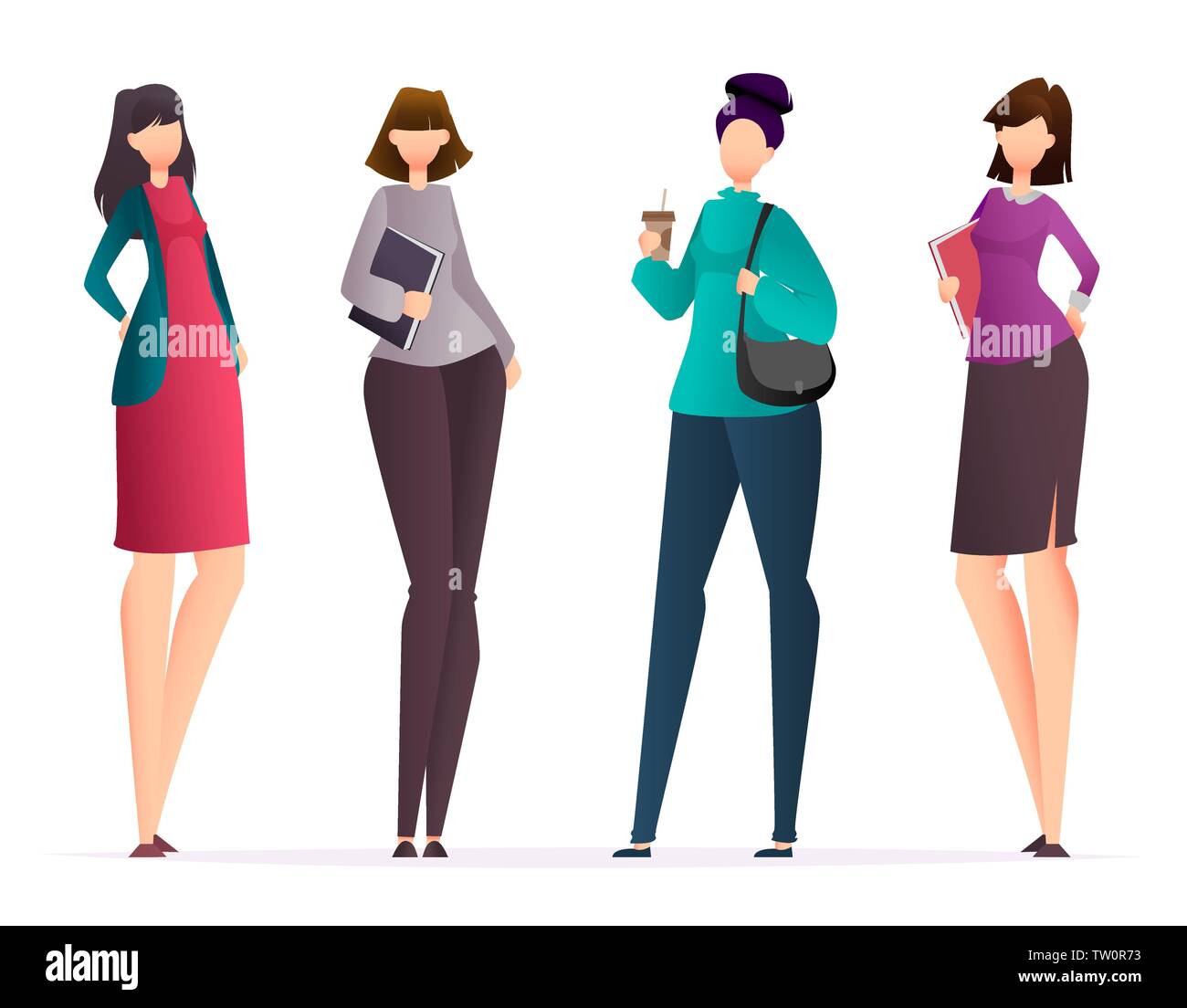 Business women, set of four poses. Faceless cartoon characters ...