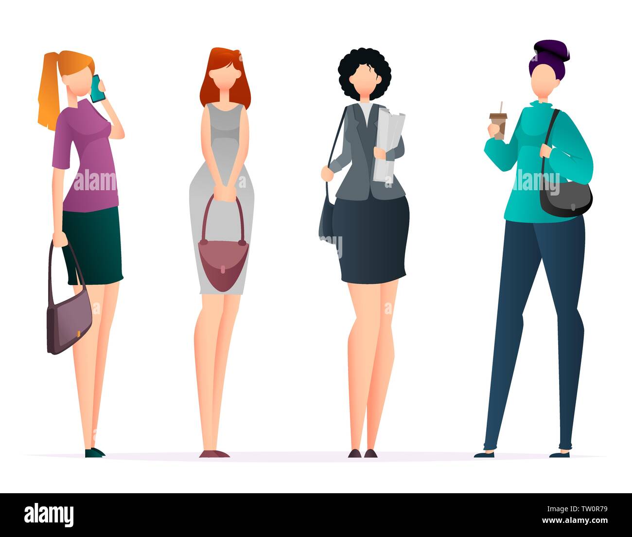 Successful business women, set of four poses. Faceless cartoon ...