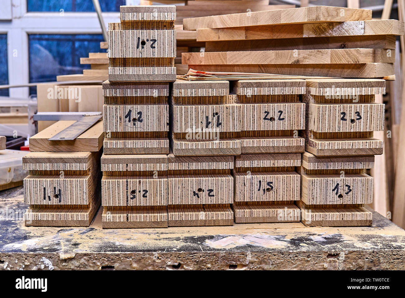 Wood door manufacturing process. Door frame elements. Woodworking and ...