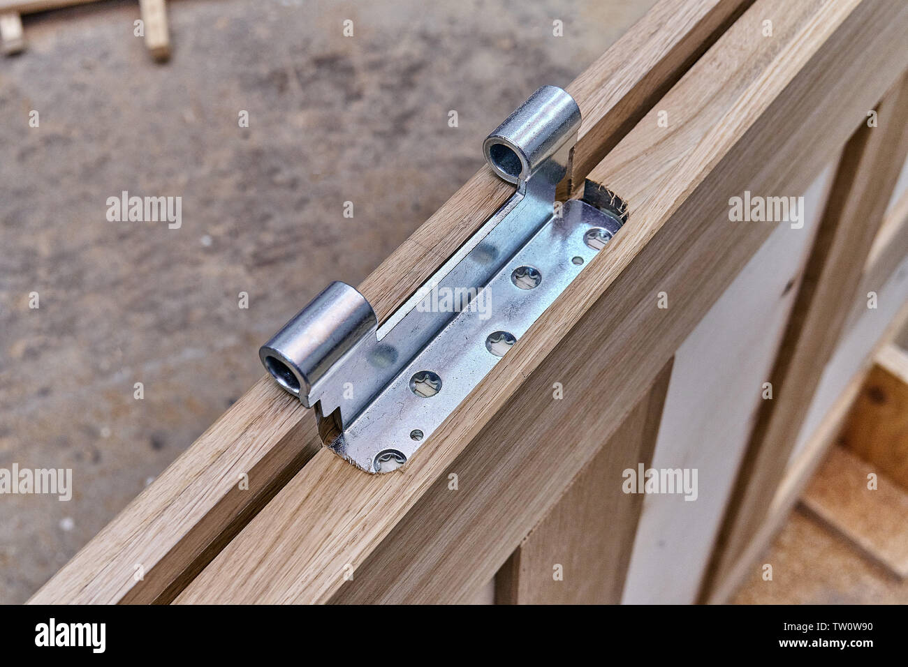 Wood door manufacturing process. Door leaf. Door hinge installation ...