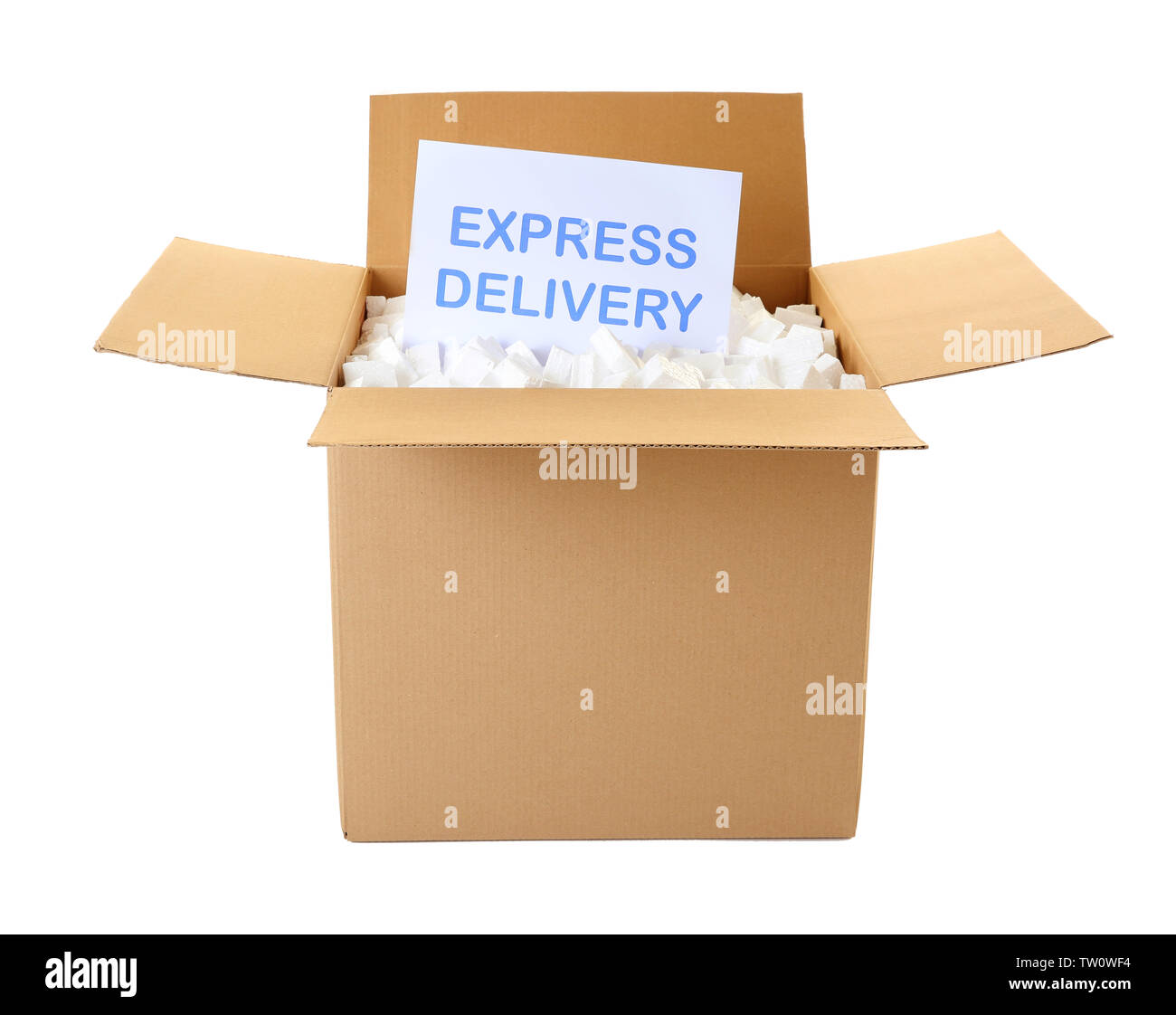Card with text EXPRESS DELIVERY in open carton box on white background ...