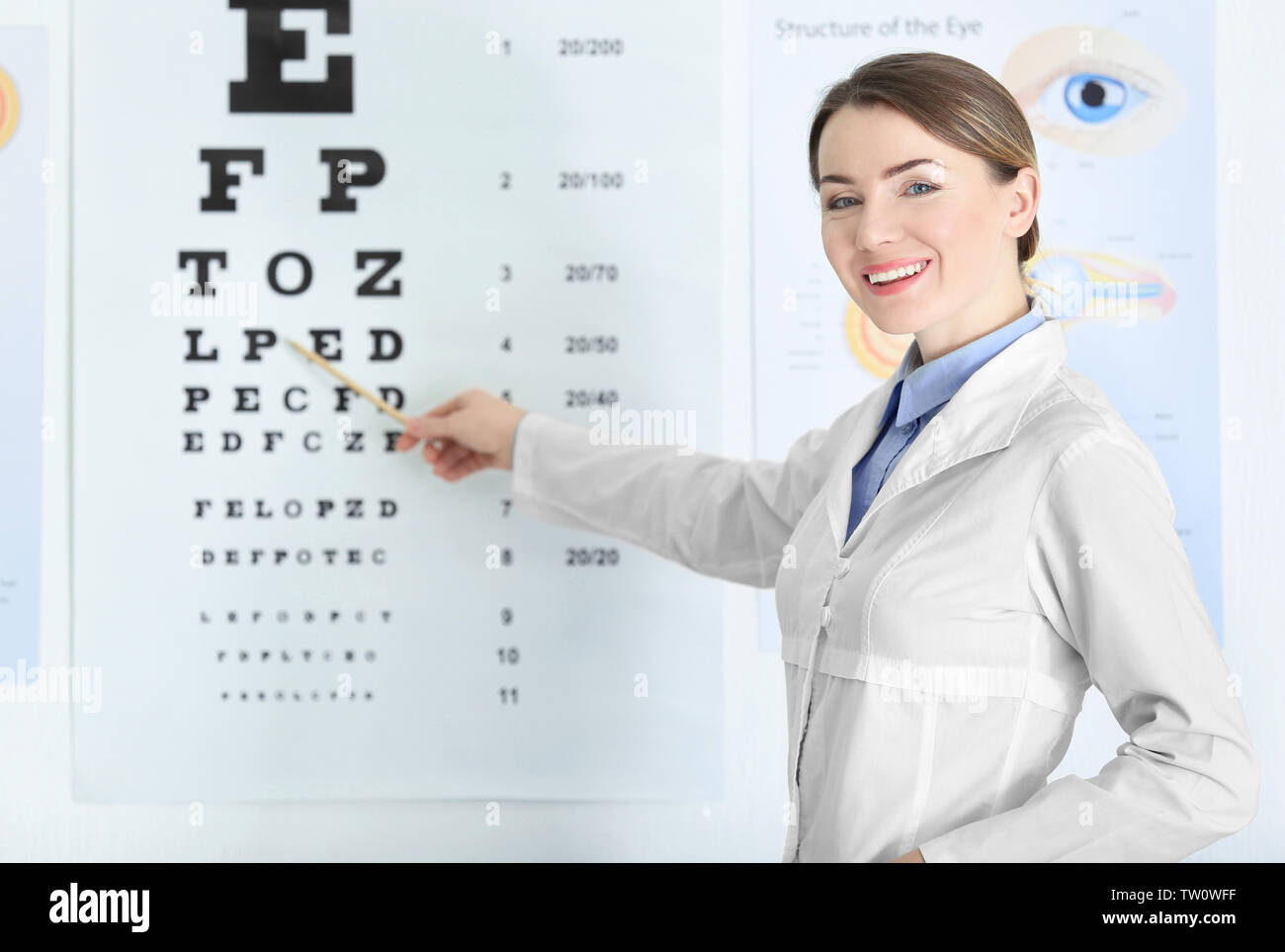 Female ophthalmologist pointing at letters of eye chart Stock Photo - Alamy