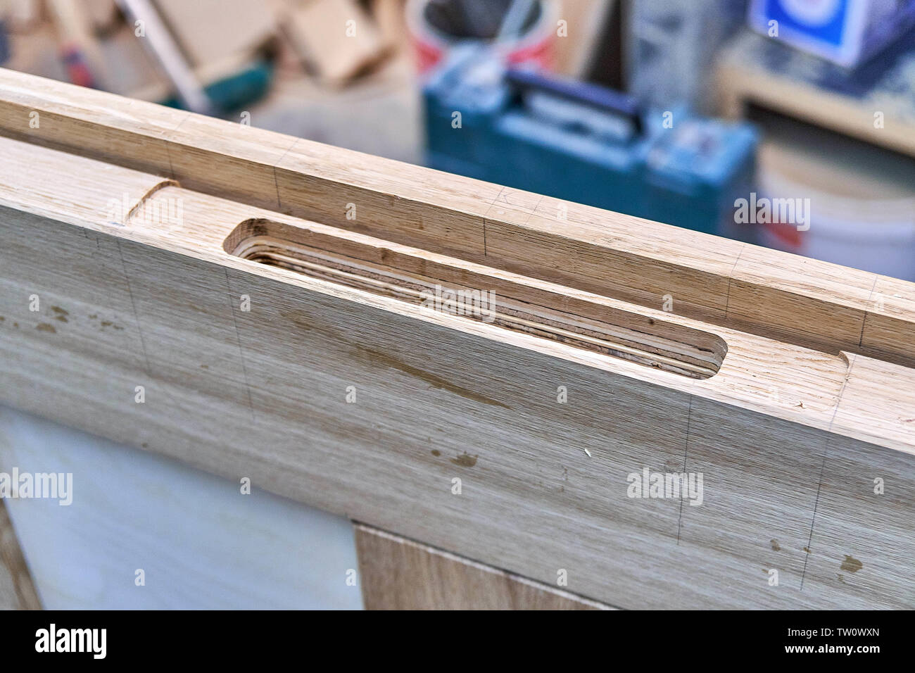 Wood door manufacturing process. Door leaf. Door lock installation ...