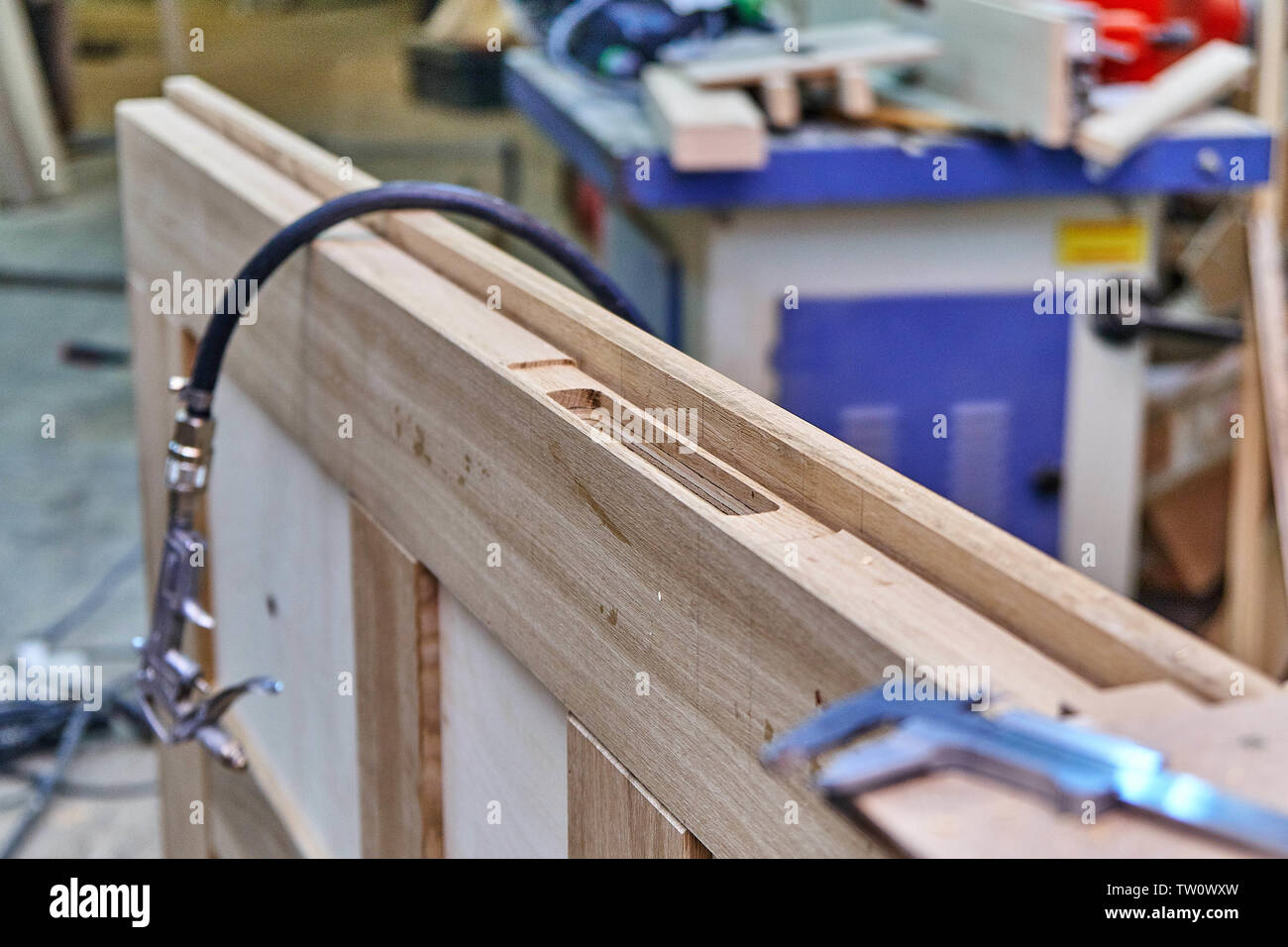 Wood door manufacturing process. Door leaf. Door lock installation ...