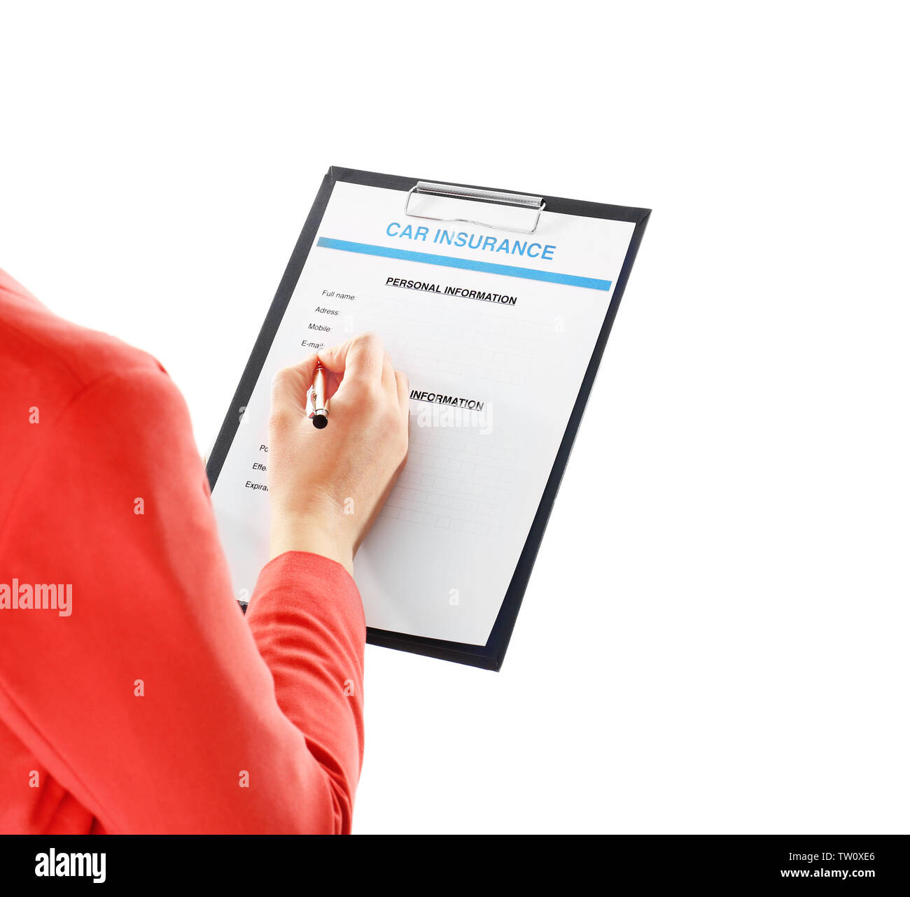 Insurance agent filling claim form on white background Stock Photo - Alamy