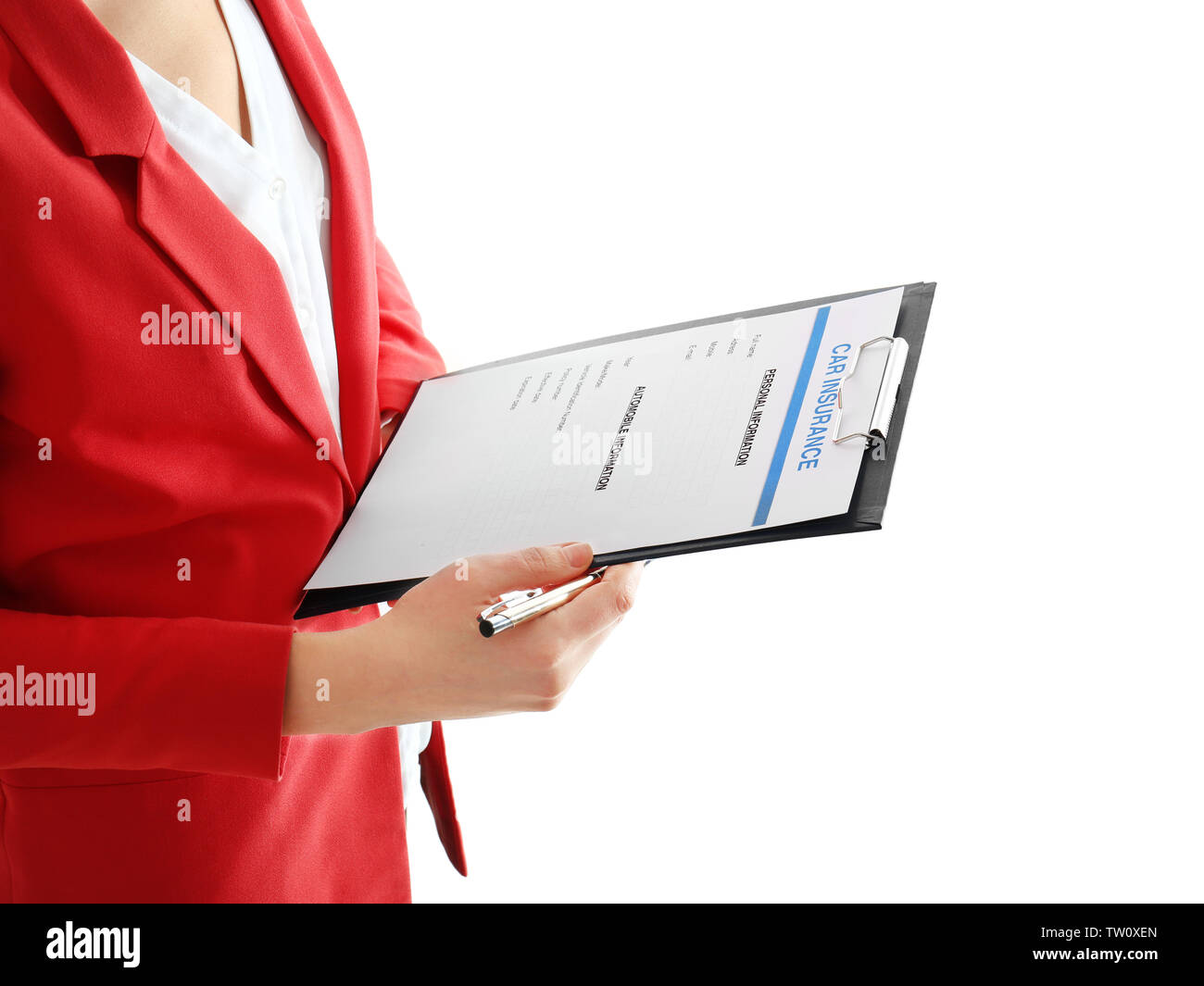 Insurance agent filling claim form on white background Stock Photo - Alamy