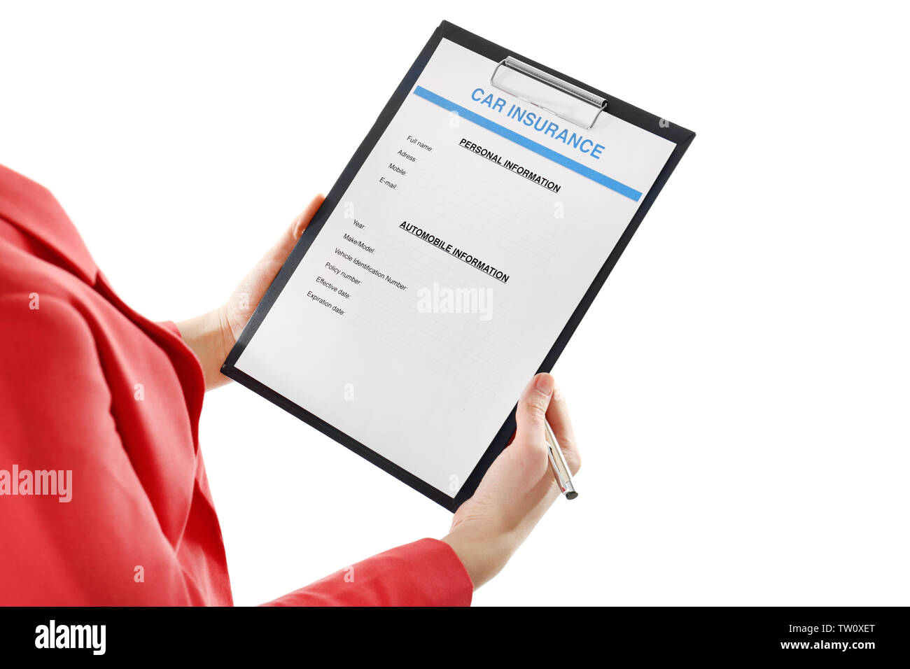 Insurance agent filling claim form on white background Stock Photo - Alamy