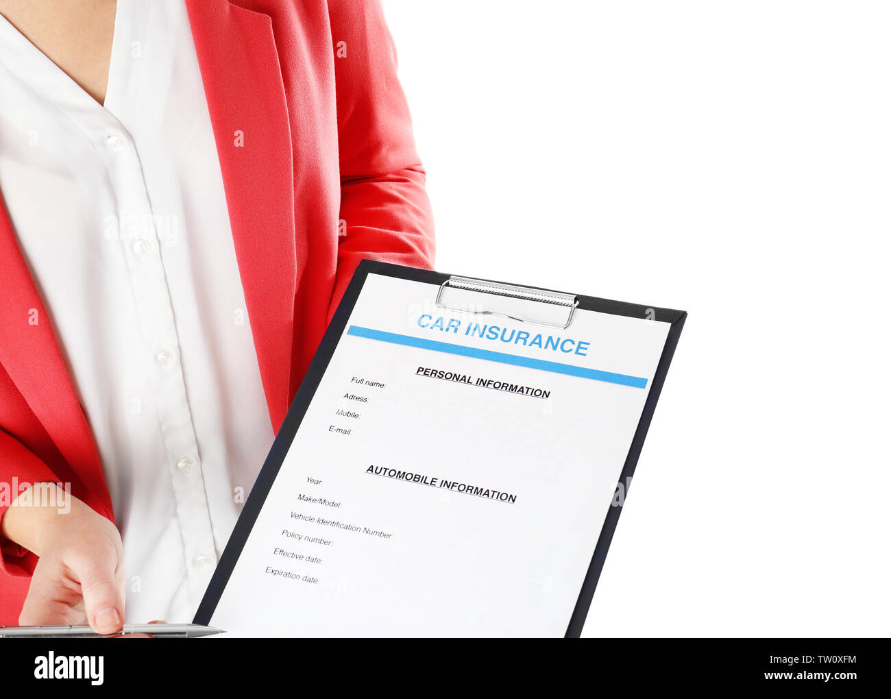 Insurance agent filling claim form on white background Stock Photo - Alamy