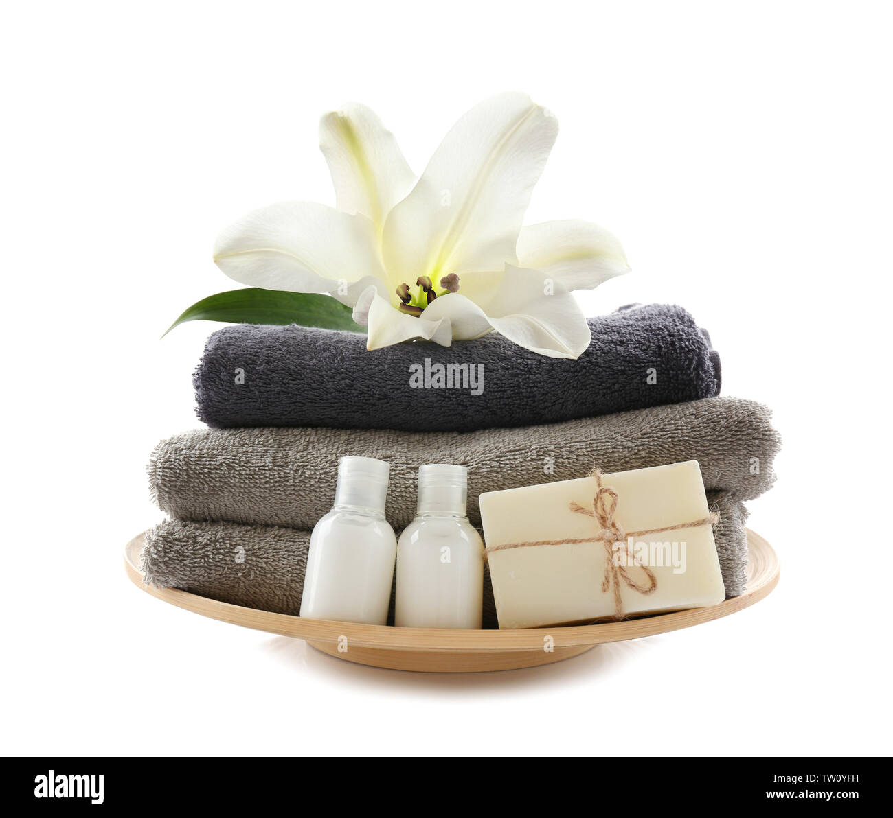 Plate with beautiful spa composition on white background Stock Photo ...