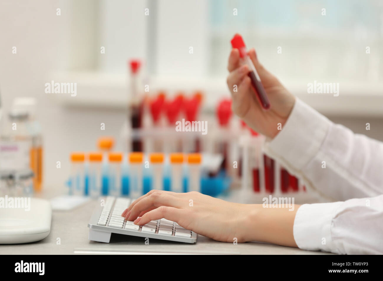 Scientist entering data of blood sample in computer at laboratory Stock ...