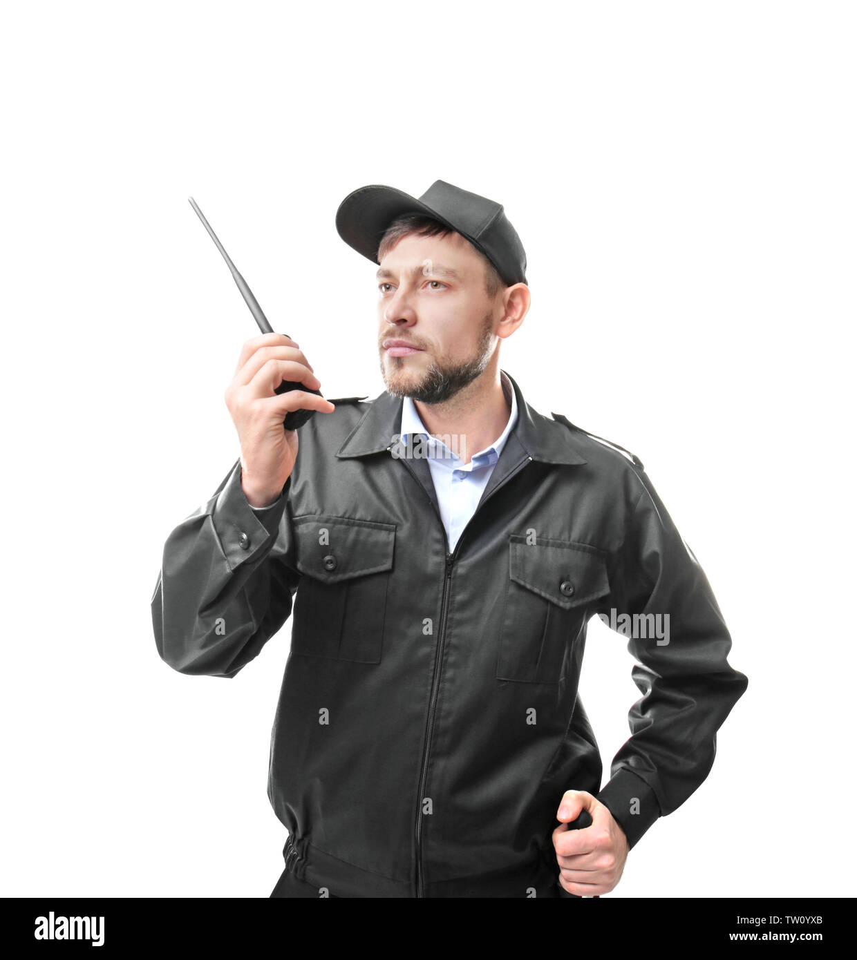 Male security guard on white background Stock Photo - Alamy