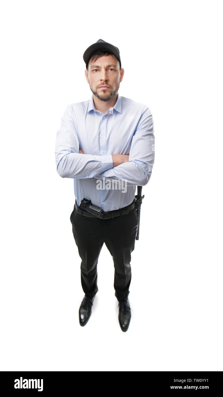 Male security guard on white background Stock Photo - Alamy