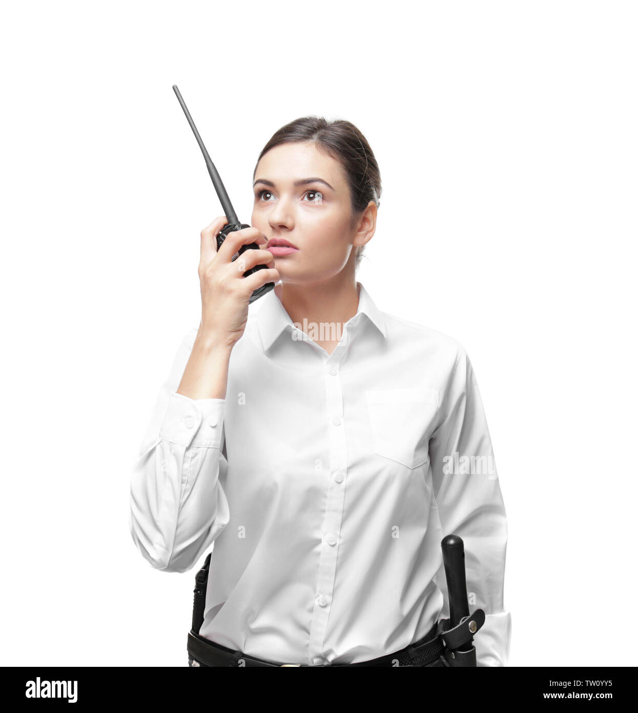 Female security guard on white background Stock Photo - Alamy