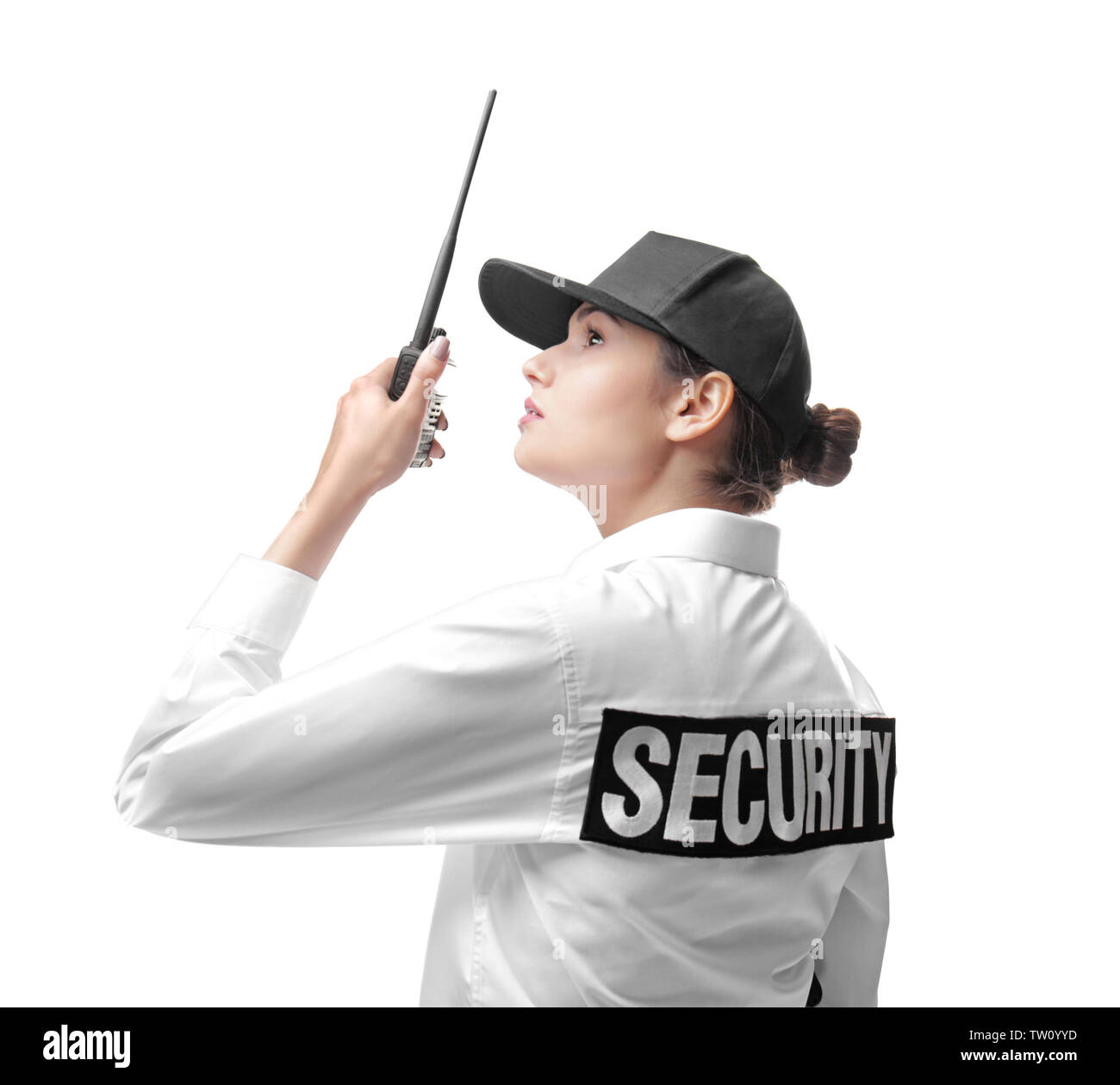 Female security guard on white background Stock Photo - Alamy